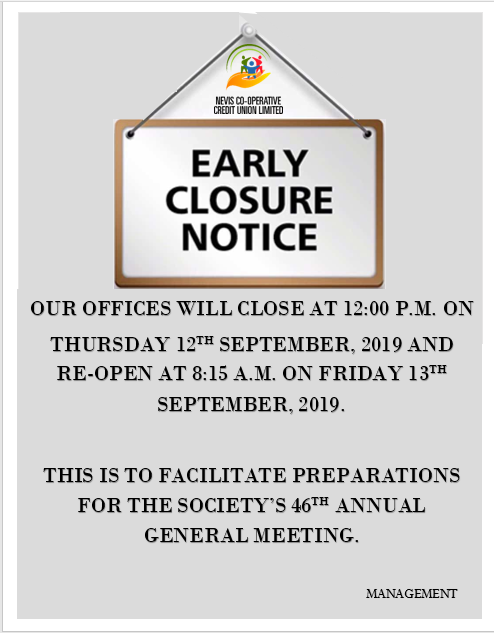 Nevis Co-operative Credit Union – Early Closure Notice – NevisPages.com
