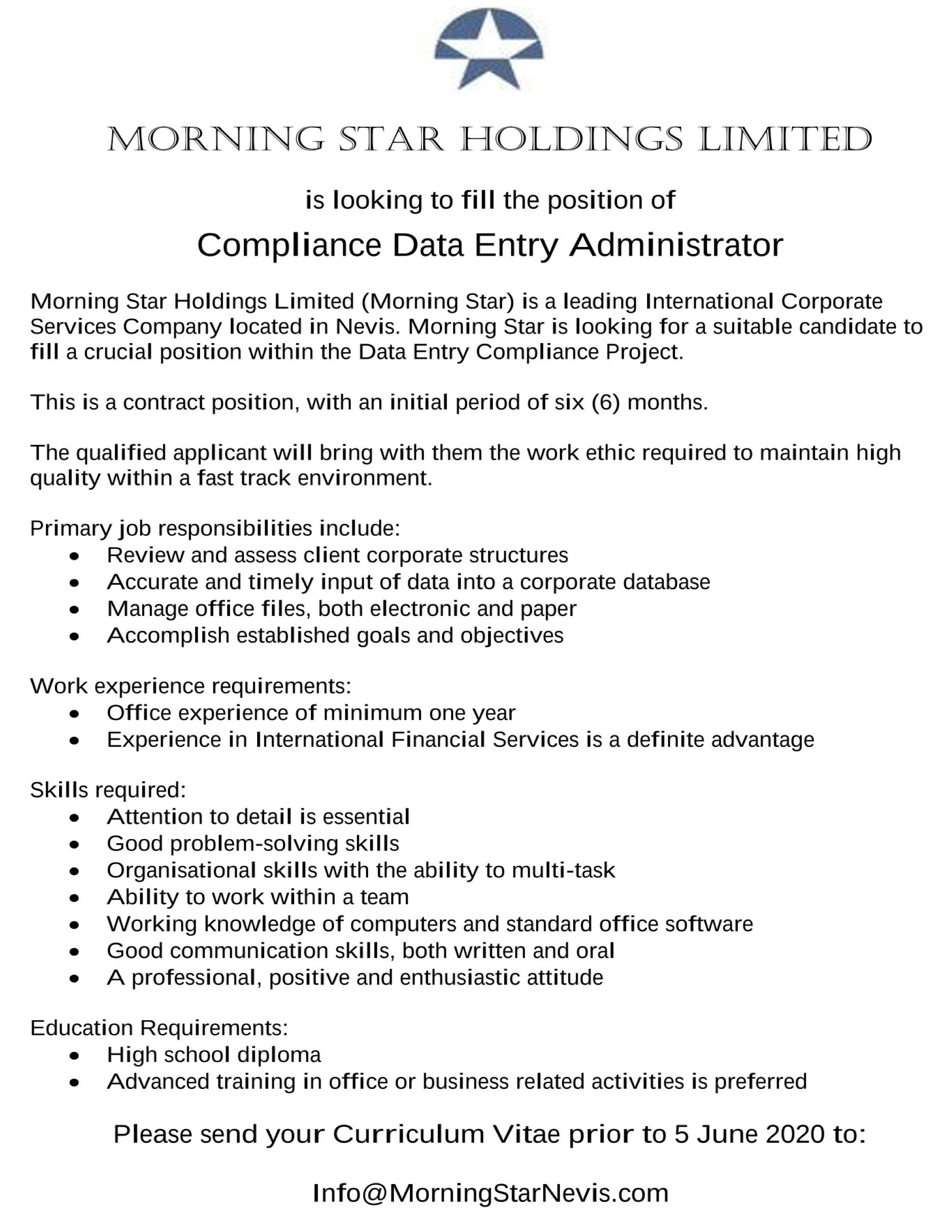 Job Vacancy at Morning Star Holdings Limited- Compliance Data Entry ...